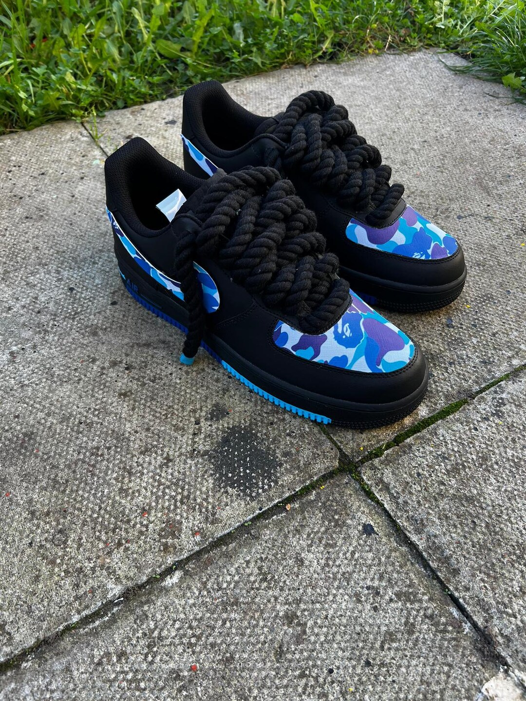 Custom Air Force One Bape Blue Rope Lace Hand Paint - Etsy UK