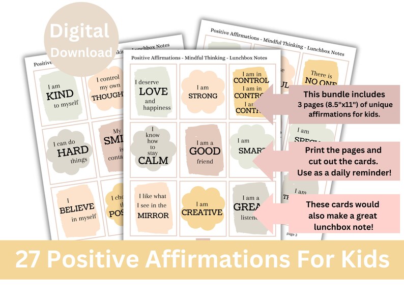 Positive Affirmation Cards for Kids, Mindful Thinking, Self Love Quotes ...