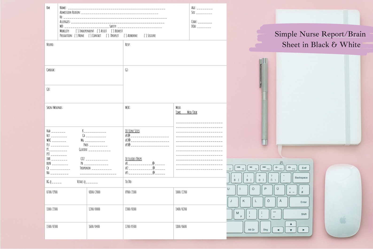 Simple Nurse Report Sheet/ Brain Sheet 1 Patient - Etsy