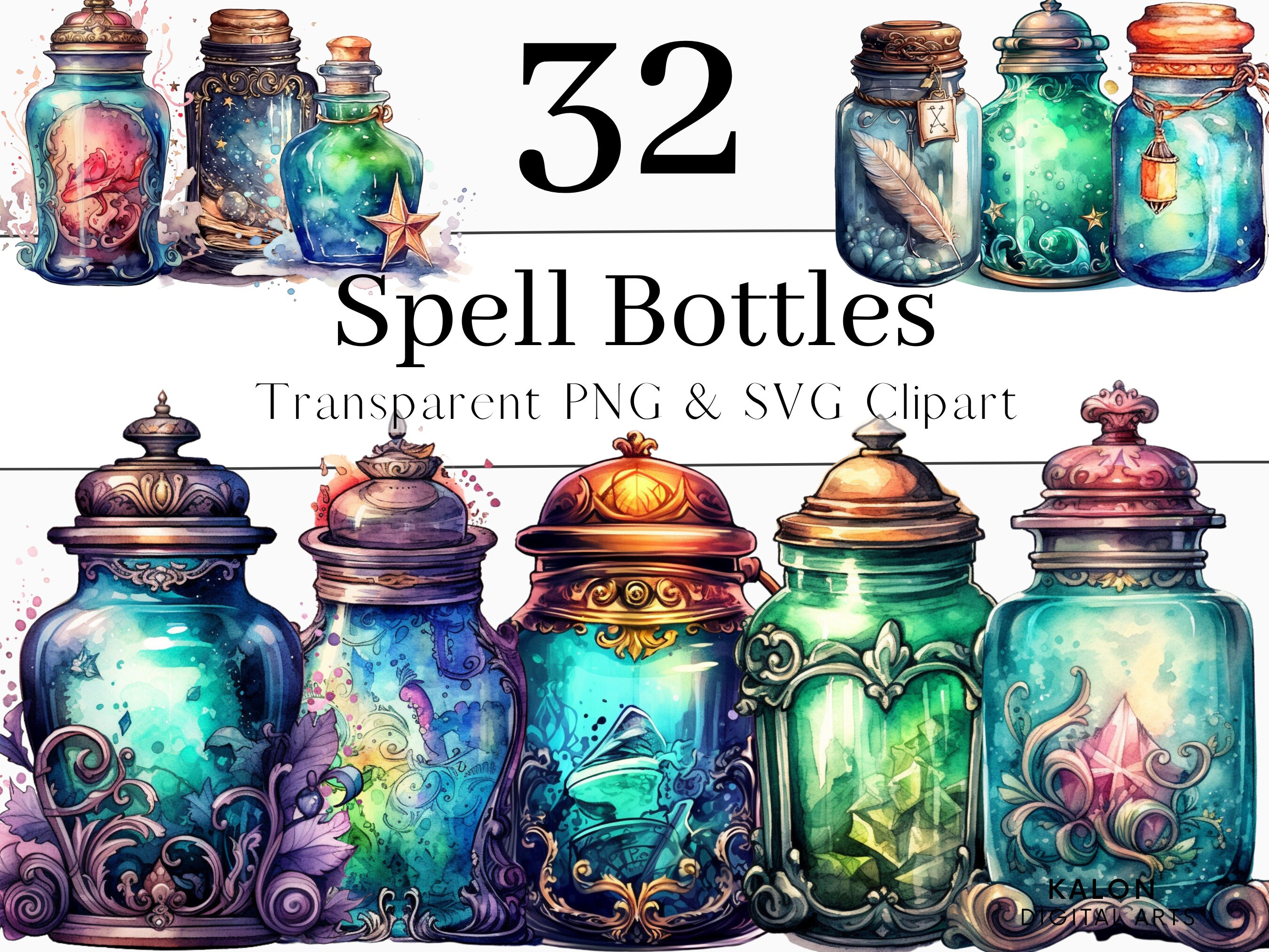 Witch Potion Spell Bottle Watercolor Clipart PNG Bundle, Fantasy Goth ...