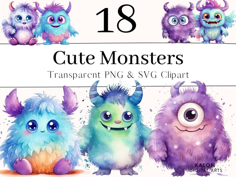 Cute Monster Watercolor Clipart Bundle, Kawaii Monster PNG Sublimation ...