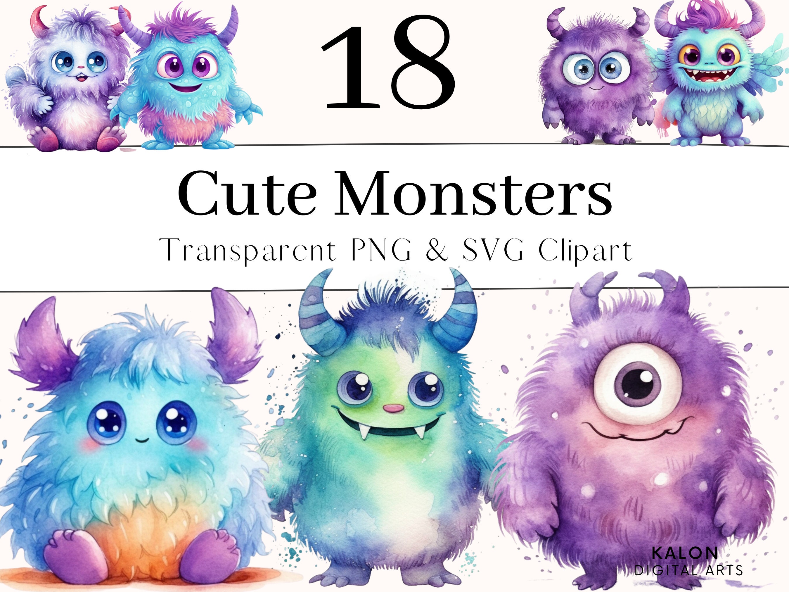 Cute Monster Watercolor Clipart Bundle, Kawaii Monster PNG Sublimation ...