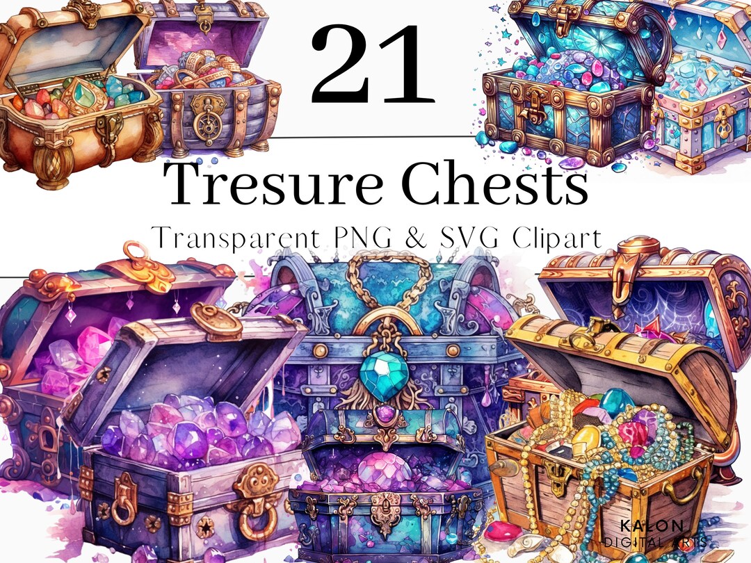 Treasure Chest Watercolor Clipart Bundle, Fantasy Treasure Clip Art ...