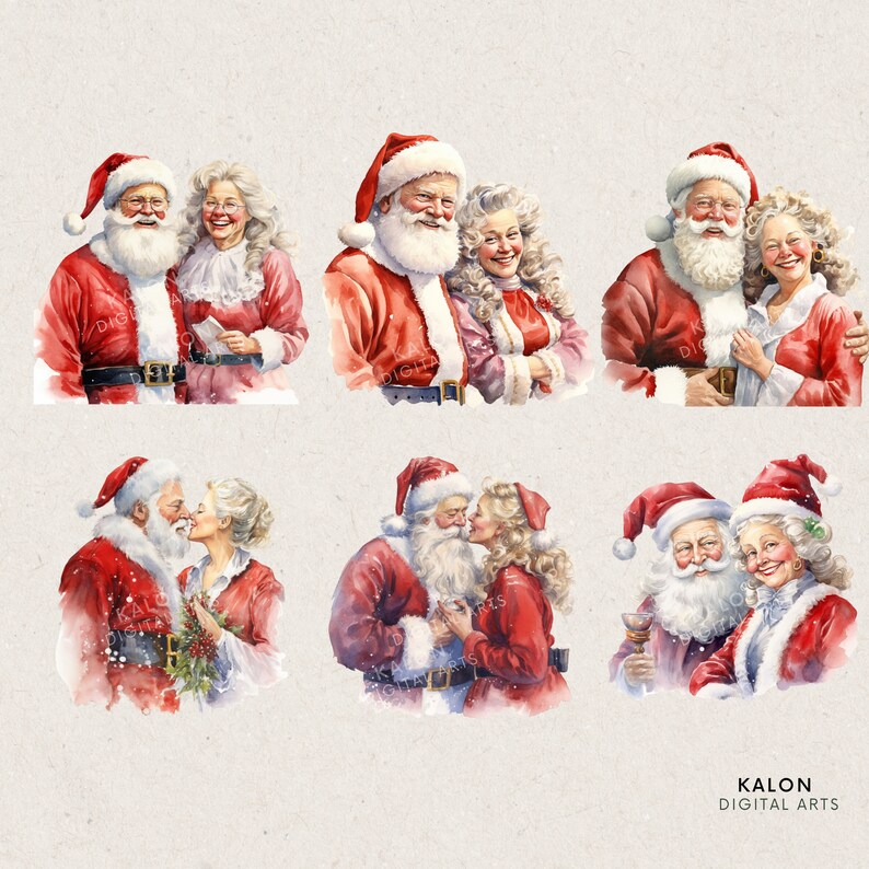 Santa and Mrs Claus Watercolor Clipart Bundle PNG for Sublimation, Pink ...