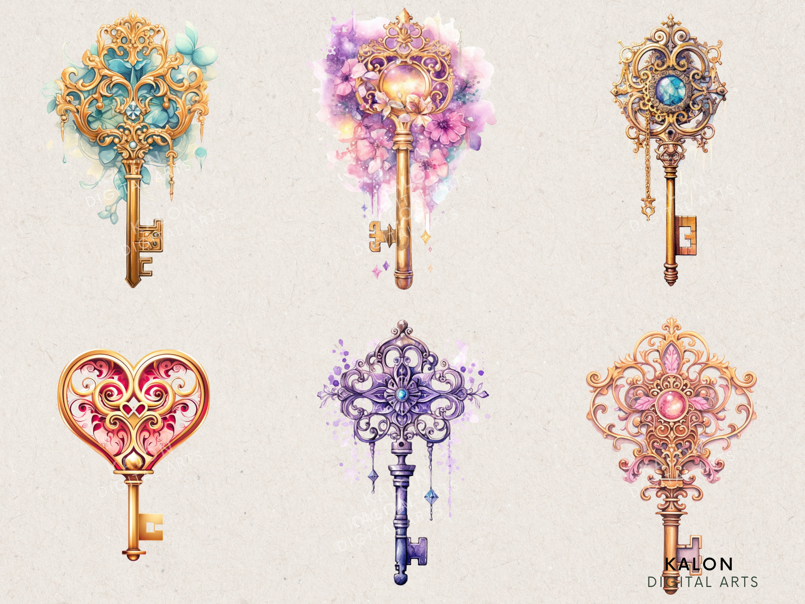 Magical Keys Watercolor Clipart Bundle, Magic Key PNG, Fantasy Key ...