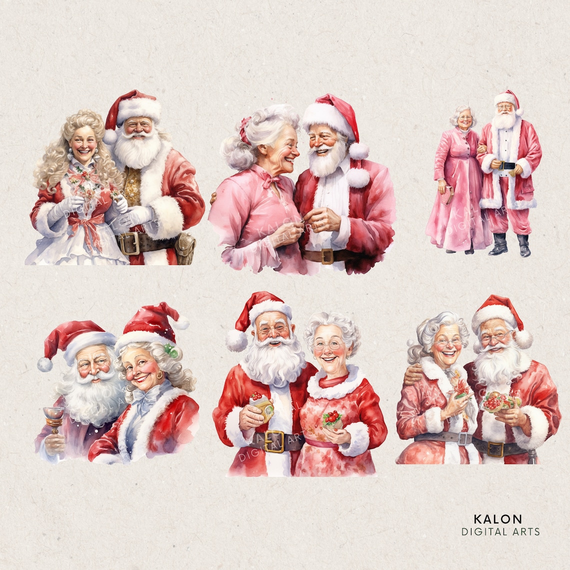 Santa and Mrs Claus Watercolor Clipart Bundle PNG for Sublimation, Pink ...