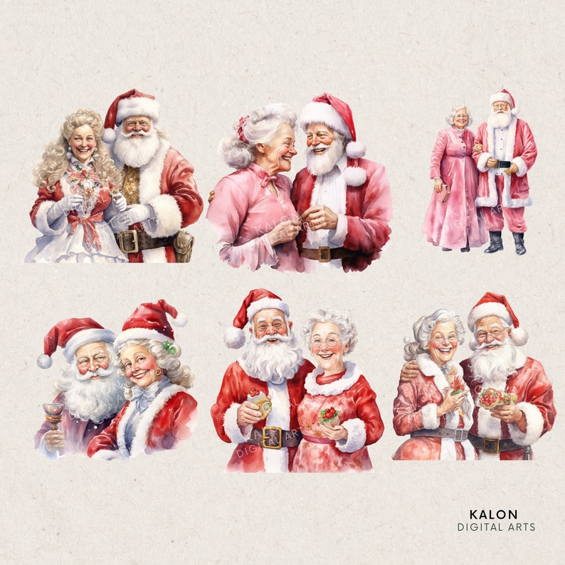 Santa and Mrs Claus Watercolor Clipart Bundle PNG for Sublimation, Pink ...