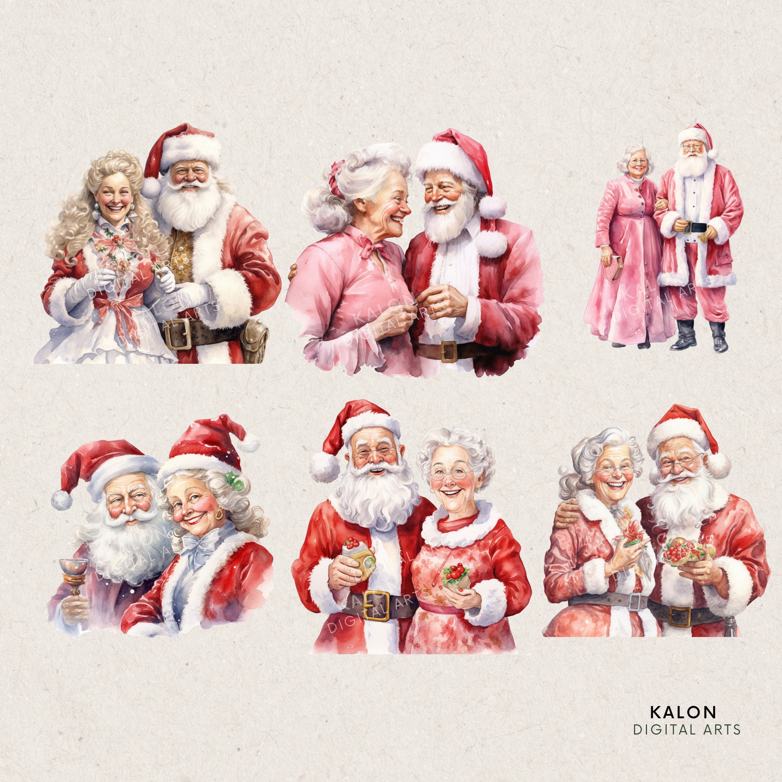 Santa and Mrs Claus Watercolor Clipart Bundle PNG for Sublimation, Pink ...