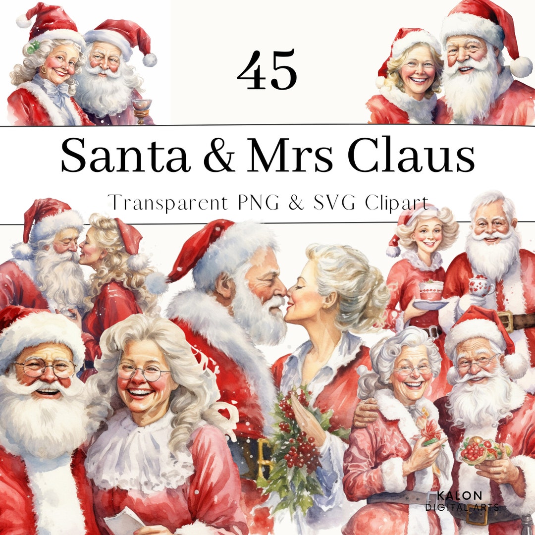 Santa and Mrs Claus Watercolor Clipart Bundle PNG for Sublimation, Pink ...