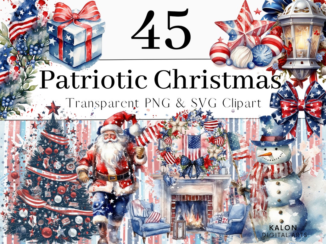 Patriotic Christmas Watercolor Clipart, Christmas Wreath, Printable ...