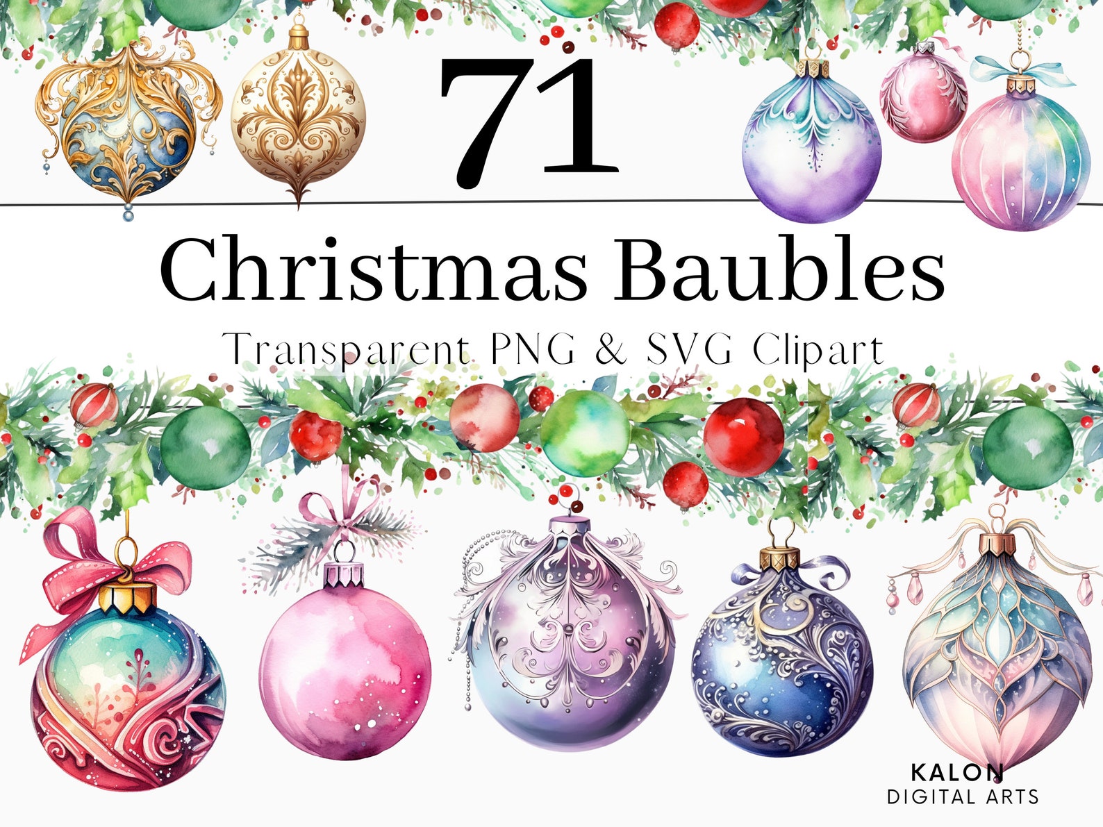 Christmas Ornament Baubles PNG SVG Watercolour Clipart Bundle, Pink ...