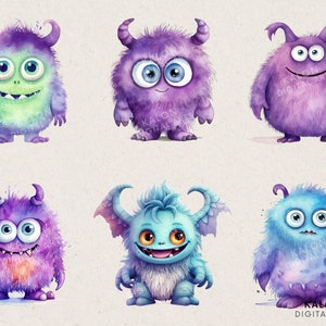 Cute Monster Watercolor Clipart Bundle, Kawaii Monster PNG Sublimation ...