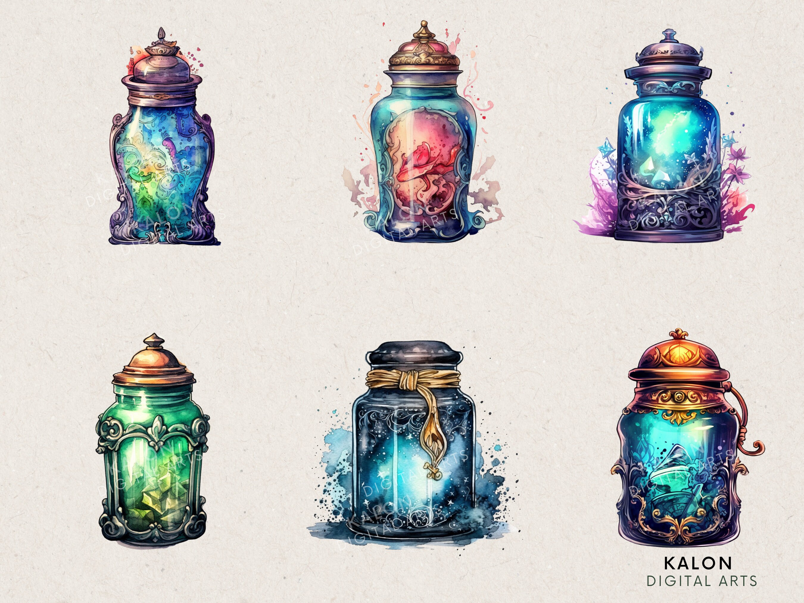 Witch Potion Spell Bottle Watercolor Clipart PNG Bundle, Fantasy Goth ...