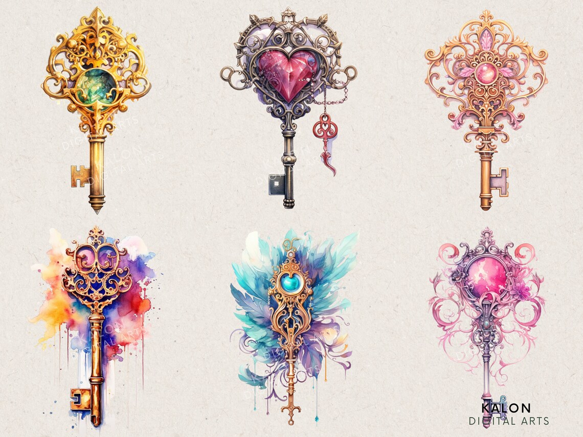 Magical Keys Watercolor Clipart Bundle, Magic Key PNG, Fantasy Key ...