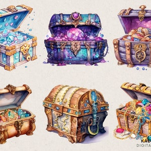Treasure Chest Watercolor Clipart Bundle, Fantasy Treasure Clip Art ...