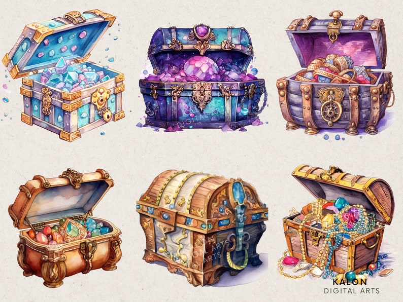 Treasure Chest Watercolor Clipart Bundle, Fantasy Treasure Clip Art ...