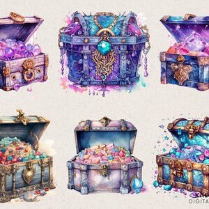 Treasure Chest Watercolor Clipart Bundle, Fantasy Treasure Clip Art ...