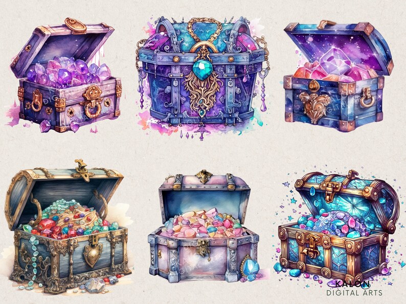 Treasure Chest Watercolor Clipart Bundle, Fantasy Treasure Clip Art ...