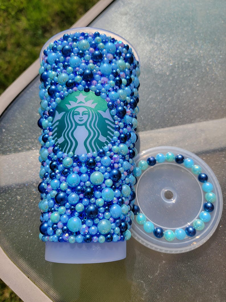 Starbucks Cold Cup Blue Pearl and Rhinestone Bling Tumbler, Handmade - Etsy