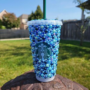 Starbucks Cold Cup Blue Pearl and Rhinestone Bling Tumbler, Handmade - Etsy