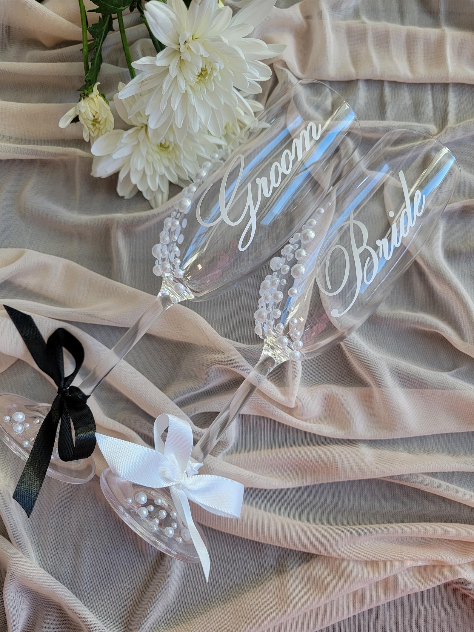 Handmade Pearl Champagne Flutes for the Bride and Groom, Champagne ...