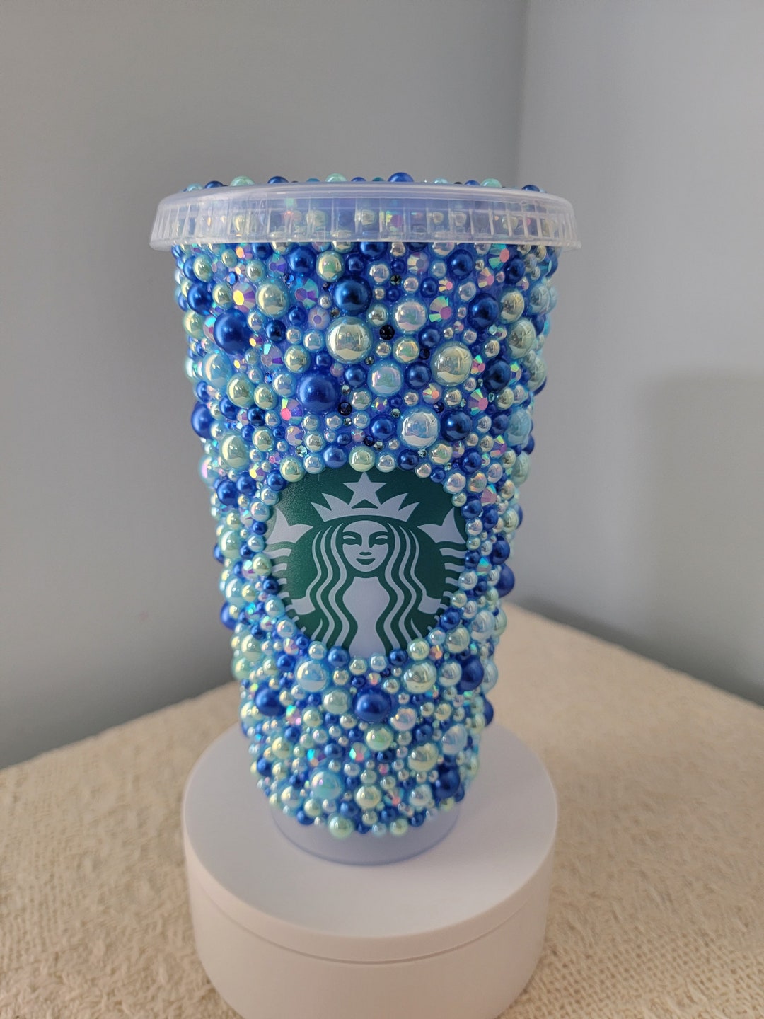 Starbucks Cold Cup Blue Pearl and Rhinestone Bling Tumbler, Handmade - Etsy