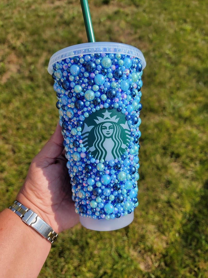 Starbucks Cold Cup Blue Pearl and Rhinestone Bling Tumbler, Handmade - Etsy