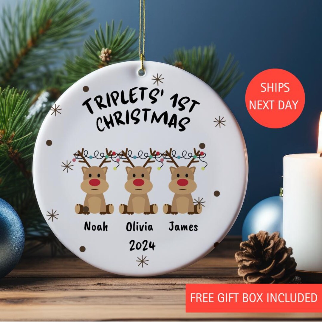 Triplets' 1st Christmas Ornament - Personalized With Cute Reindeers ...