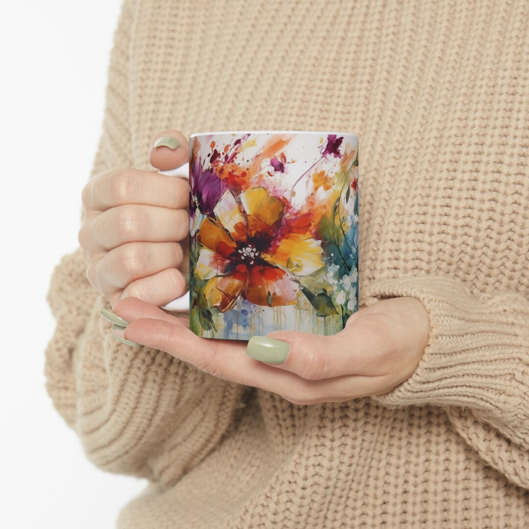 Acrylic Style Floral Ceramic Mug Floral Gift - Vibrant Blossoms in ...
