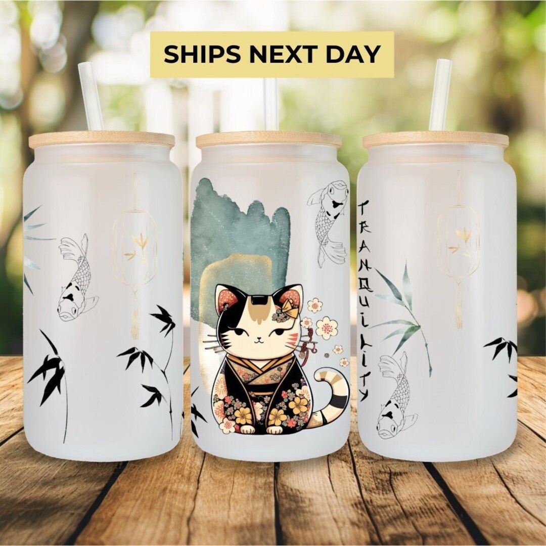 Japanese Cat Frosted Glass Cup Cat Lover Gift, Cute Cat Gift, Japanese ...