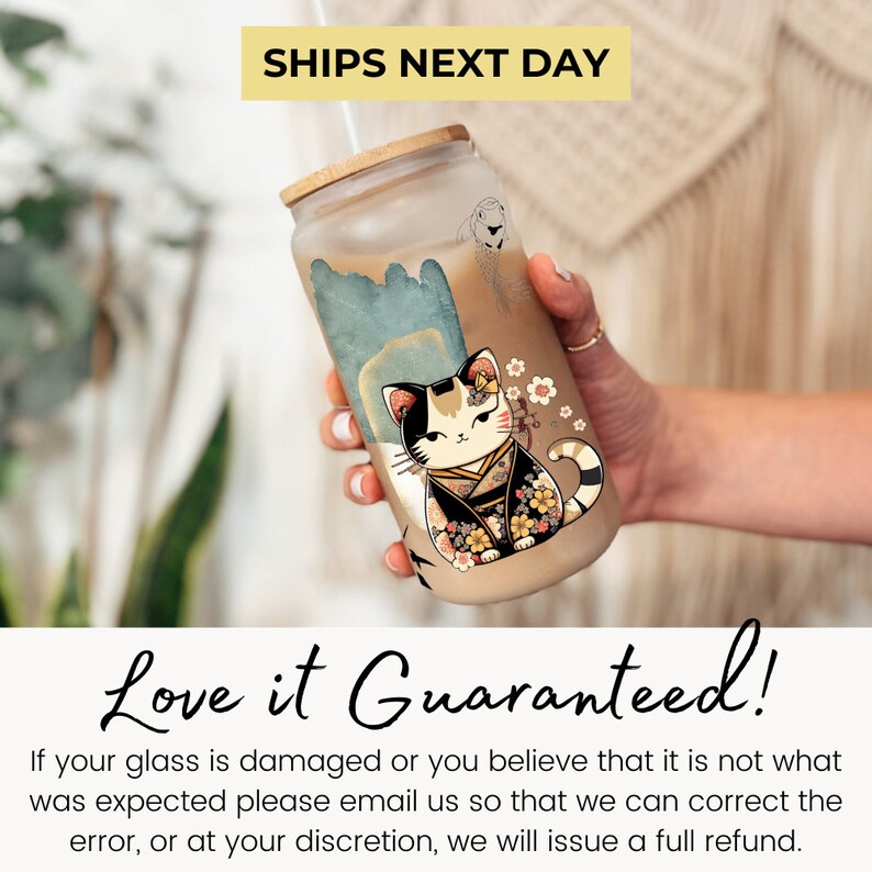 Japanese Cat Frosted Glass Cup Cat Lover Gift, Cute Cat Gift, Japanese ...