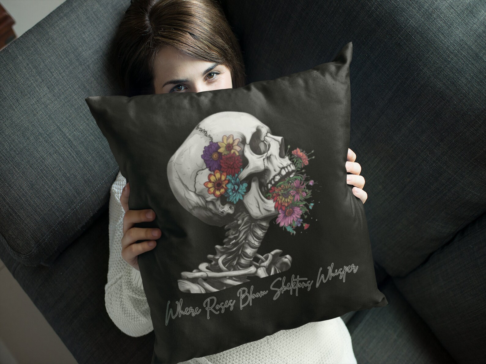 Where Roses Bloom, Skeletons Whisper Throw Pillow, Gothic Floral ...