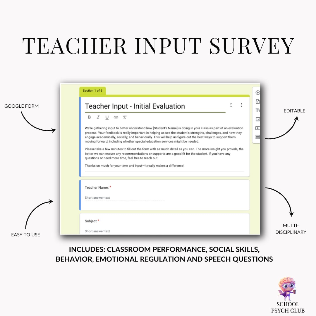 Teacher Input Form | Editable IEP Questionnaire | Special Education ...
