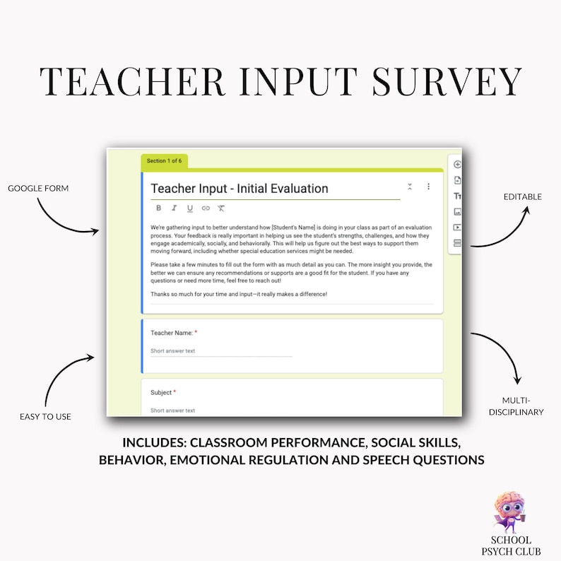 Teacher Input Form | Editable IEP Questionnaire | Special Education ...