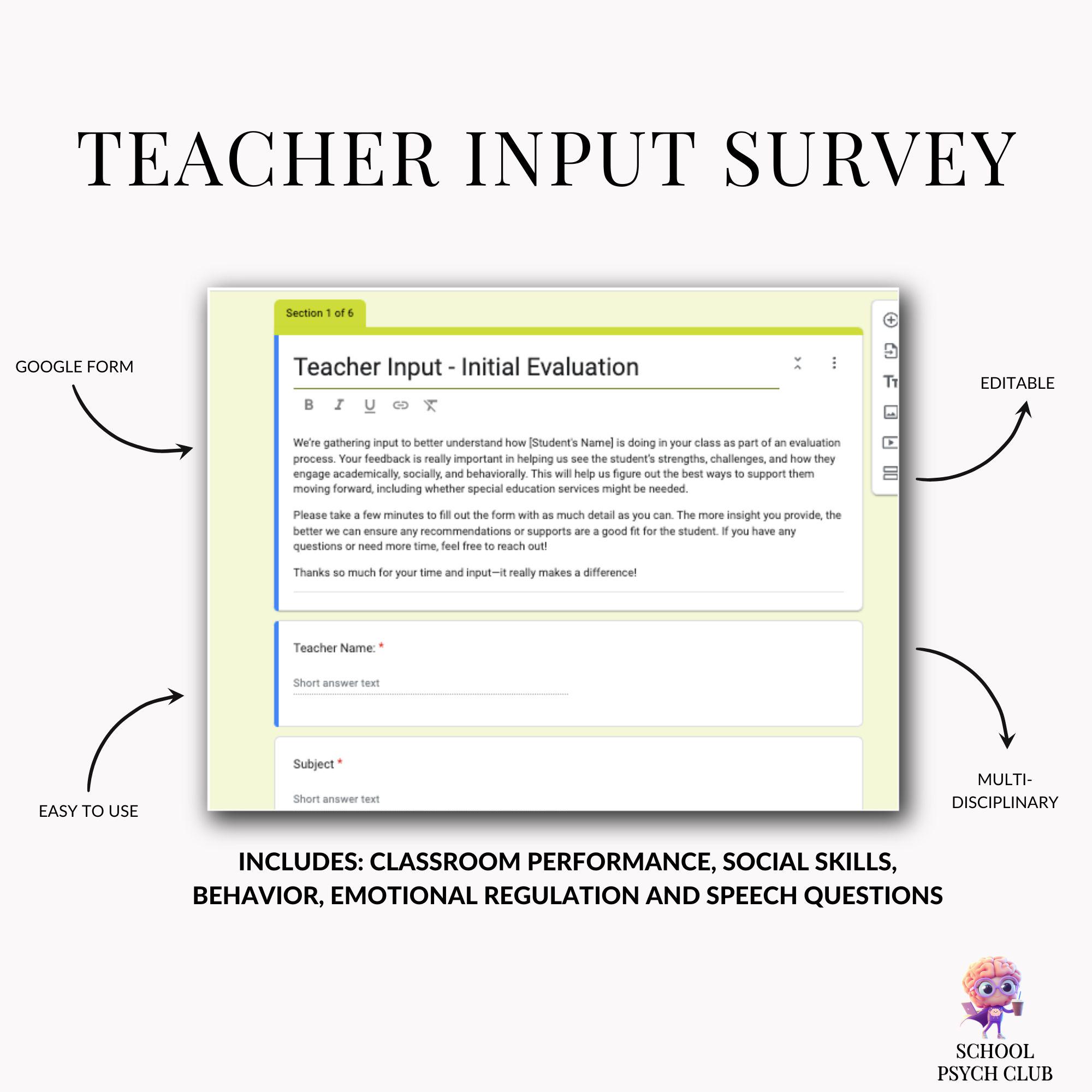 Teacher Input Form | Editable IEP Questionnaire | Special Education ...