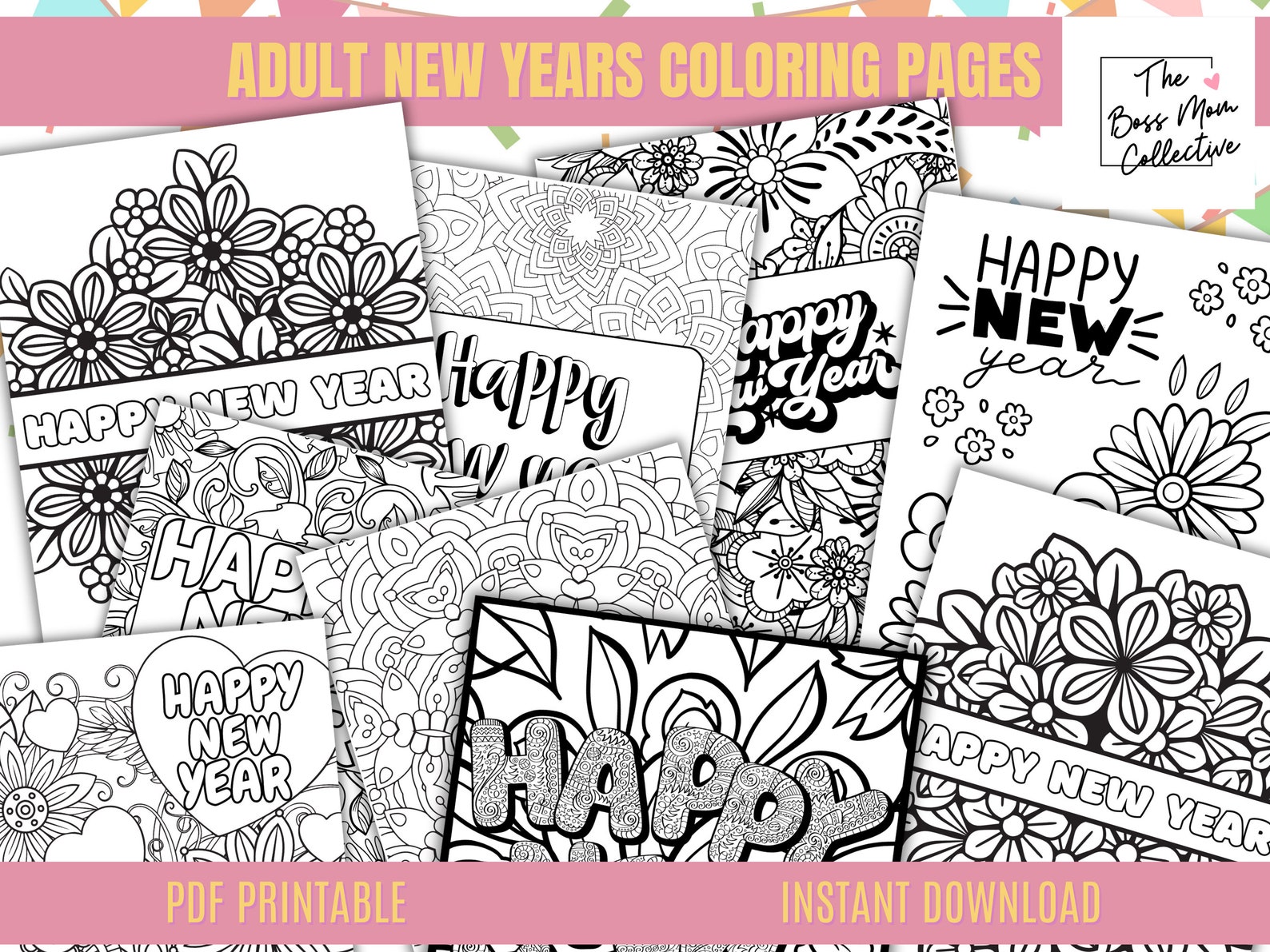 NYE Coloring Pages | Pdf Instant Download | Adult Coloring Page | Happy ...