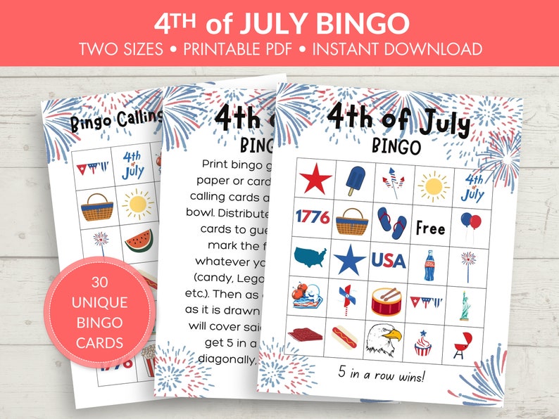 4th of July Bingo 30 Unique Cards Printable 4th of July Kids Activities ...