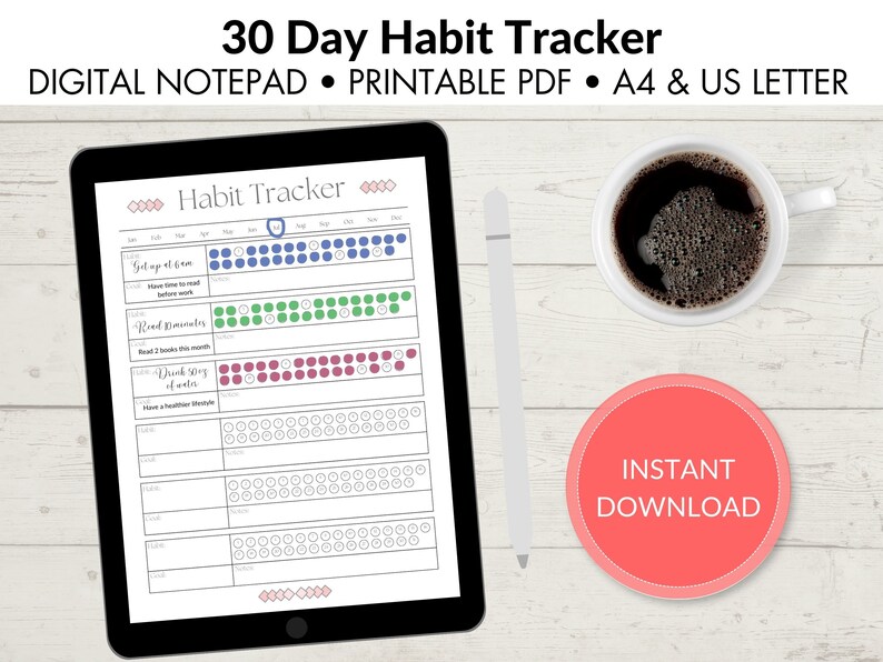 Digital 30 Day Habit Tracker Landscape Printable Routine Tracker ...