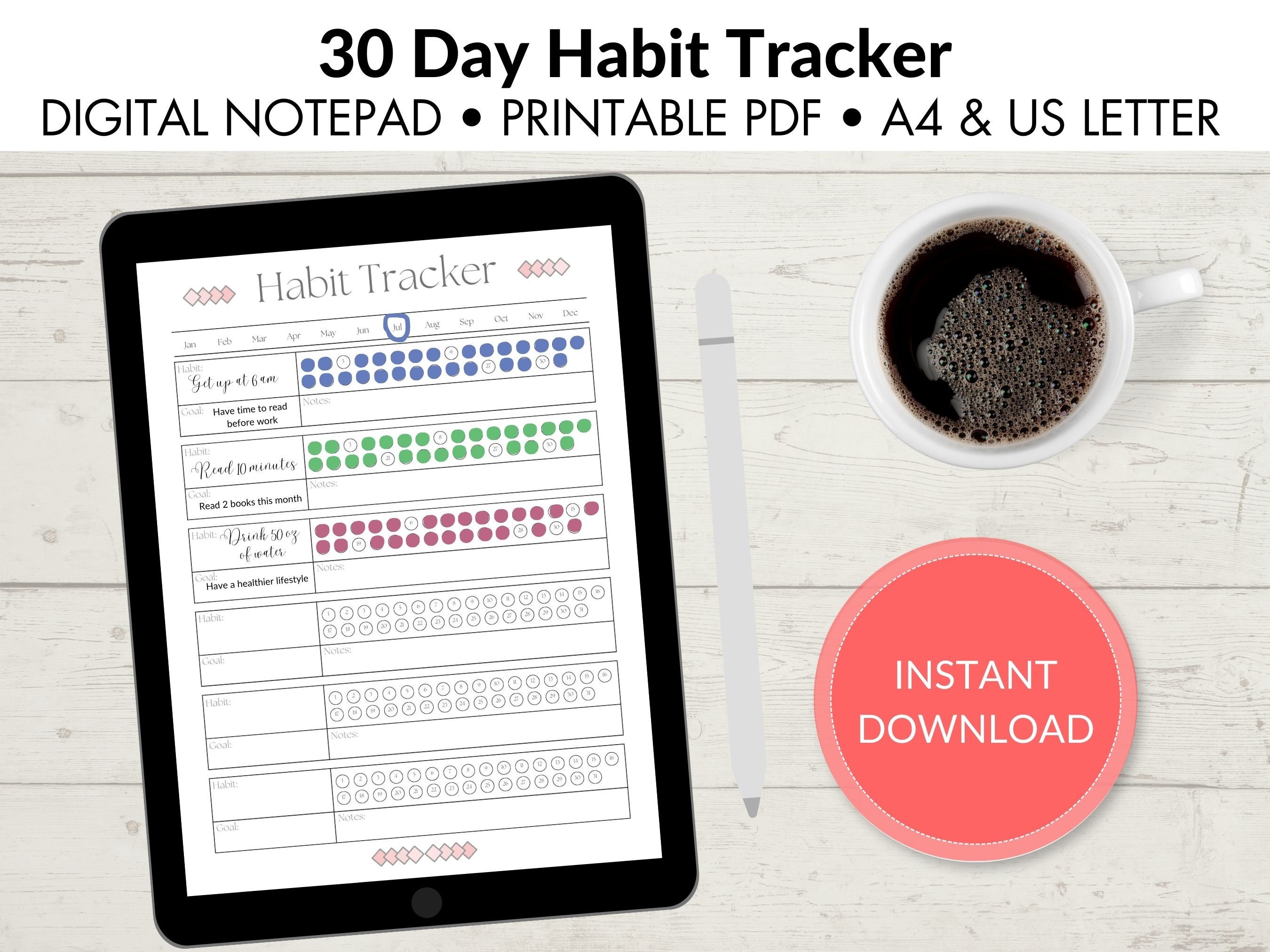 Digital 30 Day Habit Tracker Landscape Printable Routine Tracker ...