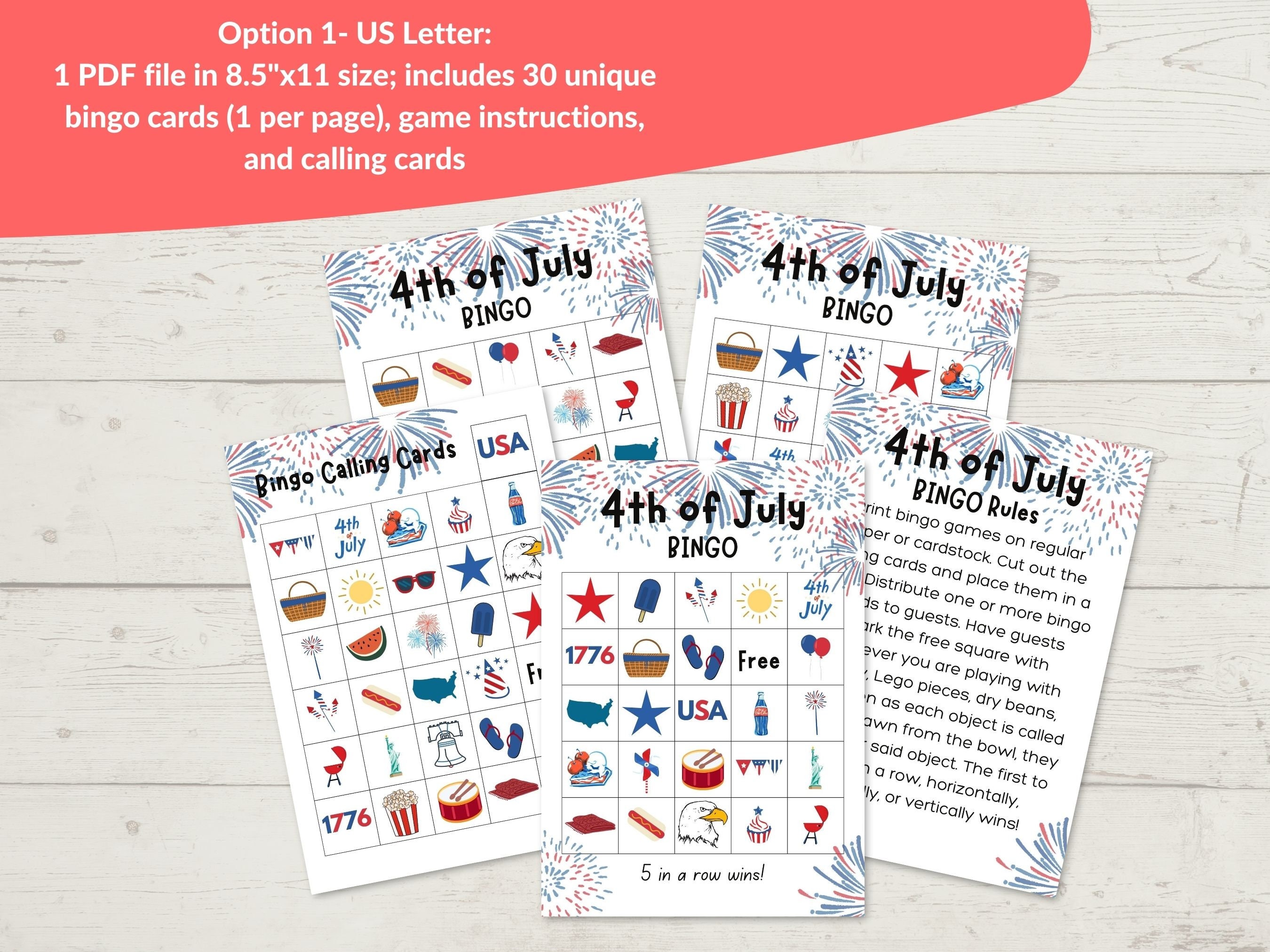 4th of July Bingo 30 Unique Cards Printable 4th of July Kids Activities ...