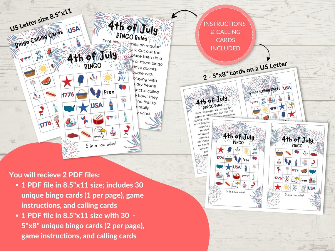 4th of July Bingo 30 Unique Cards Printable 4th of July Kids Activities ...