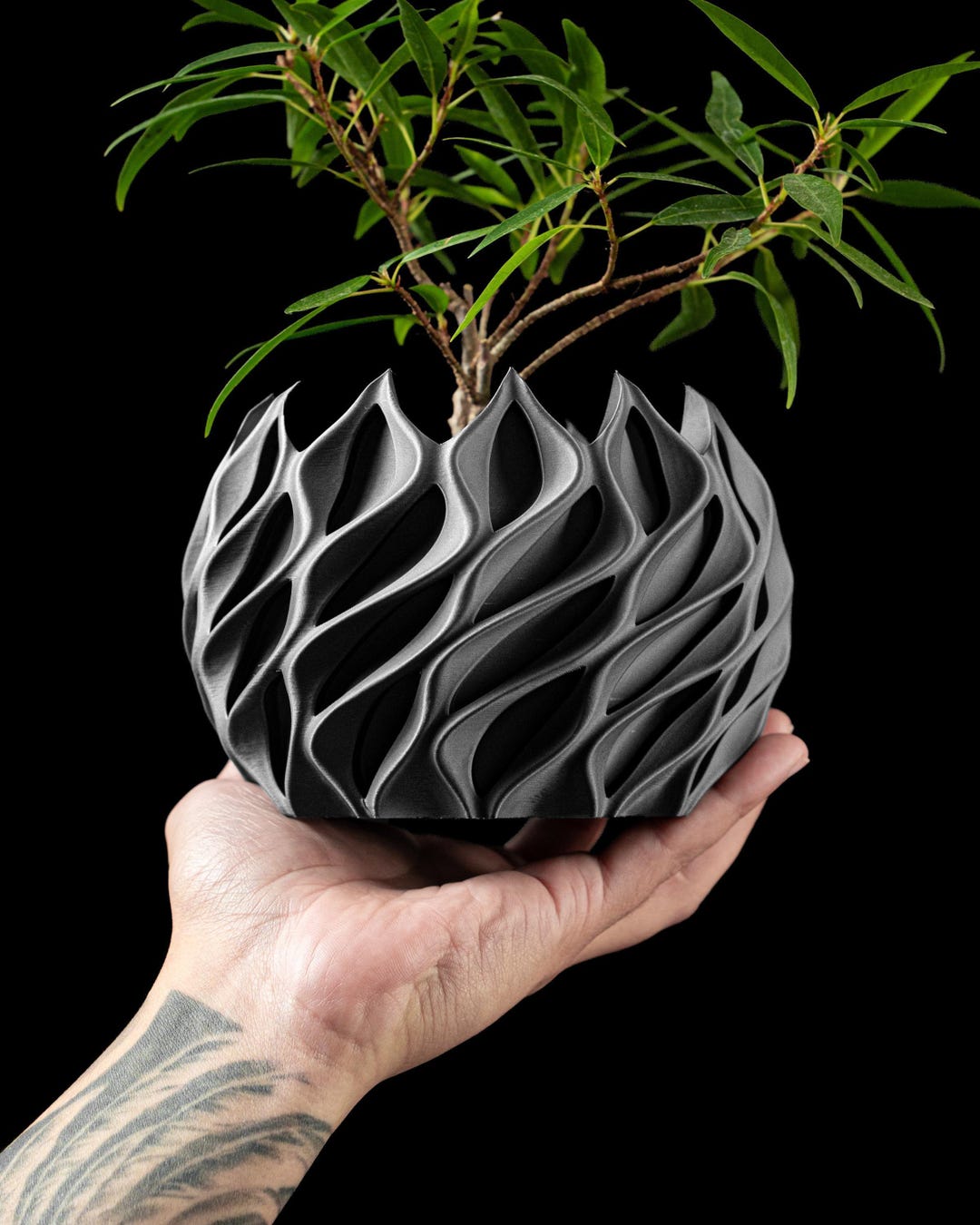 3D Printed Black Twisted Planter Pot Stylish Home Decor Table ...