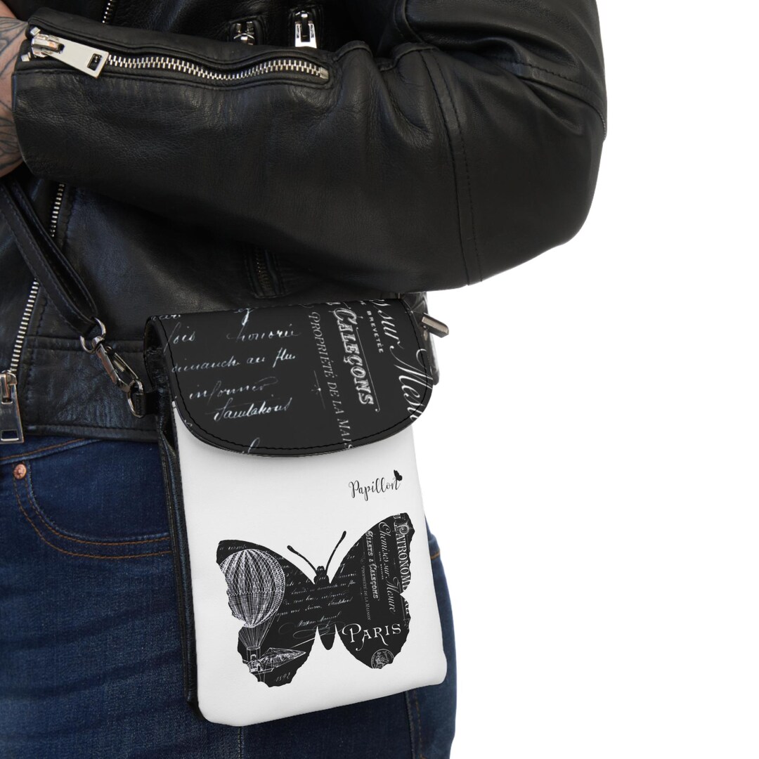 French Butterfly Small Leather Cell Phone Wallet, Papillon Design, Card ...