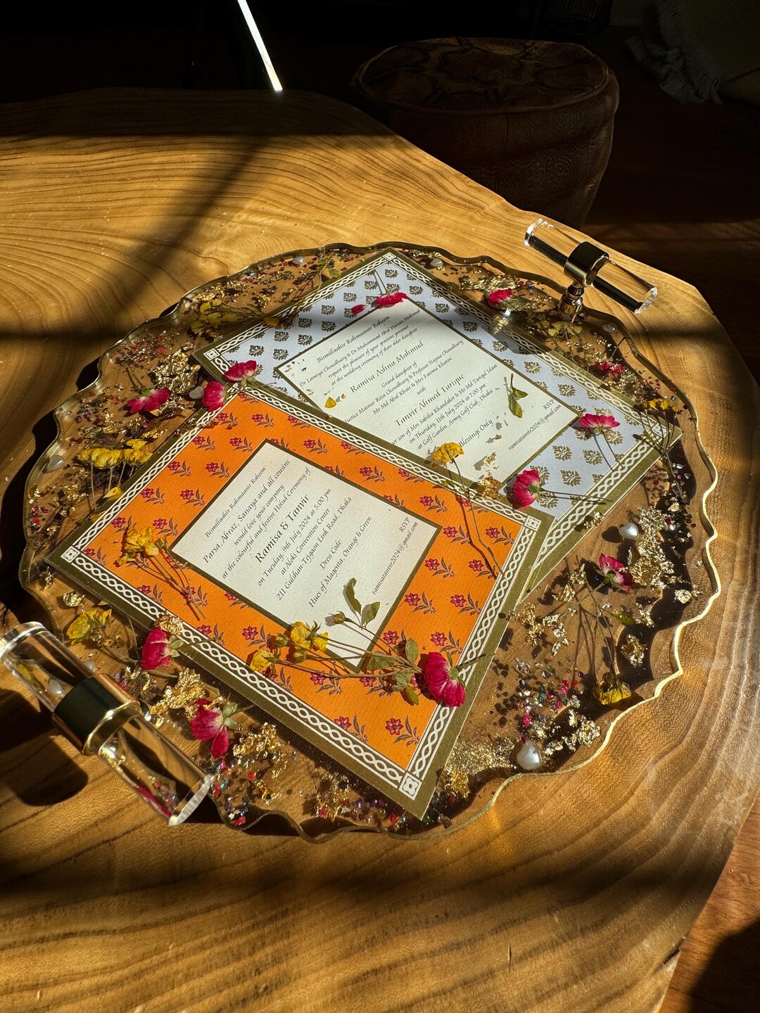 Custom Floral Resin Invite Plaque, Tray, Ring Holders -- Abstract Round ...