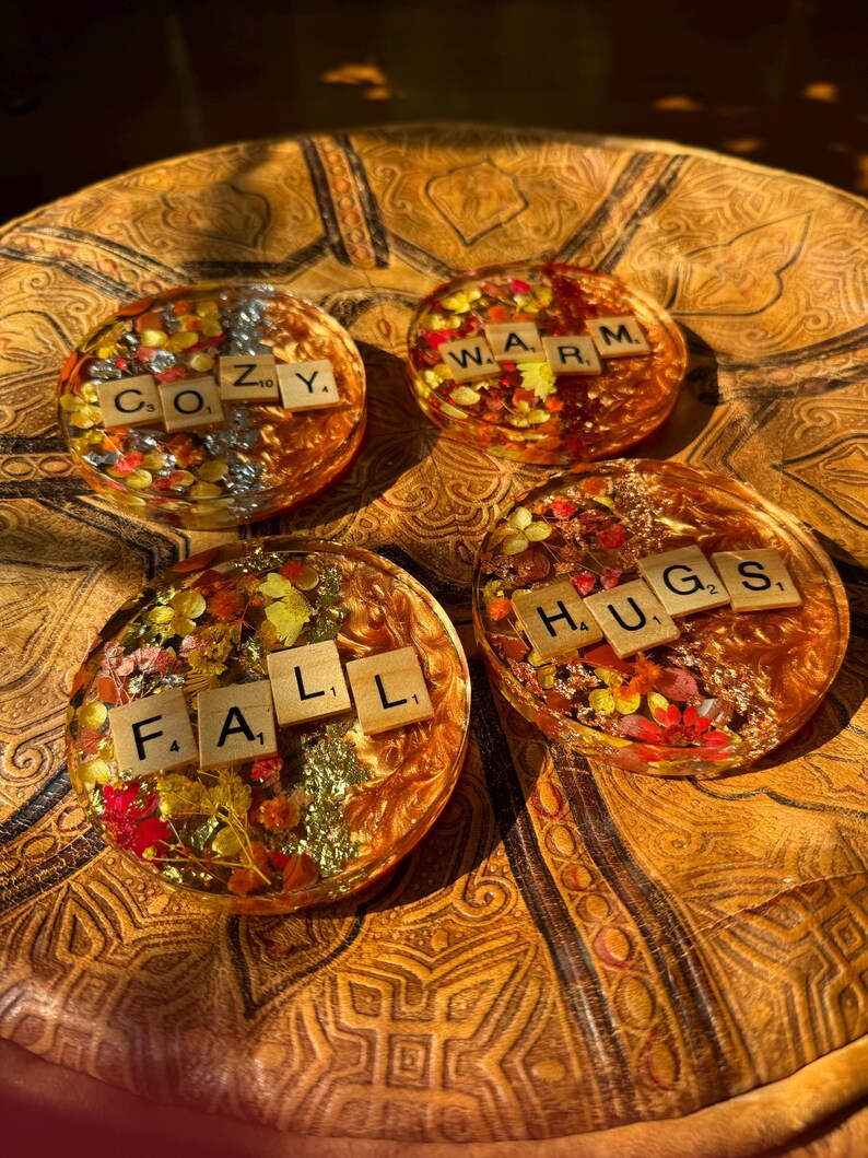 Custom Handmade Fall Floral Resin Coasters, Scrabble Letter Coaster Set ...