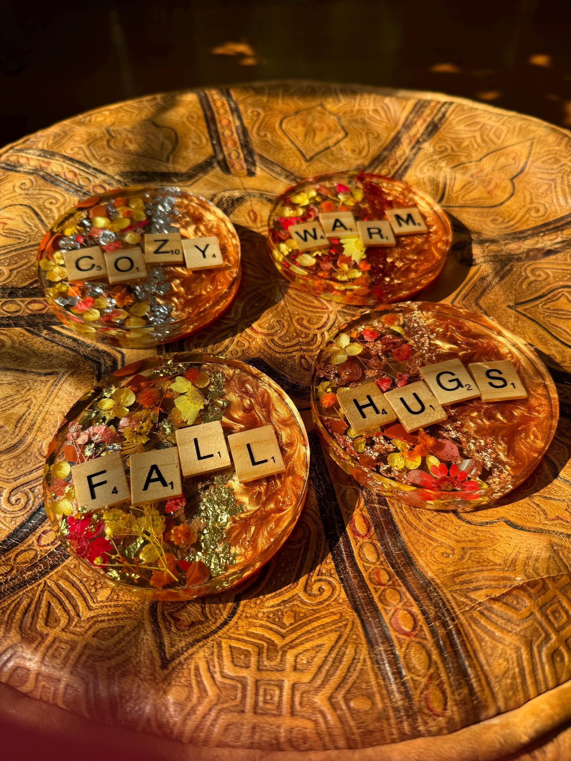 Custom Handmade Fall Floral Resin Coasters, Scrabble Letter Coaster Set ...