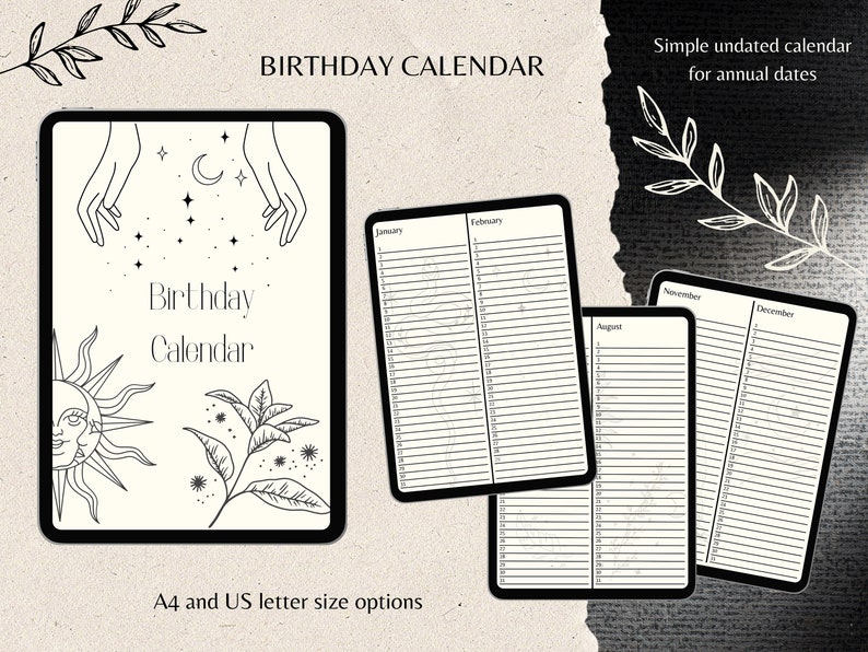 Digital Birthday Calendar - Printable Birthday Calendar Minimalist ...