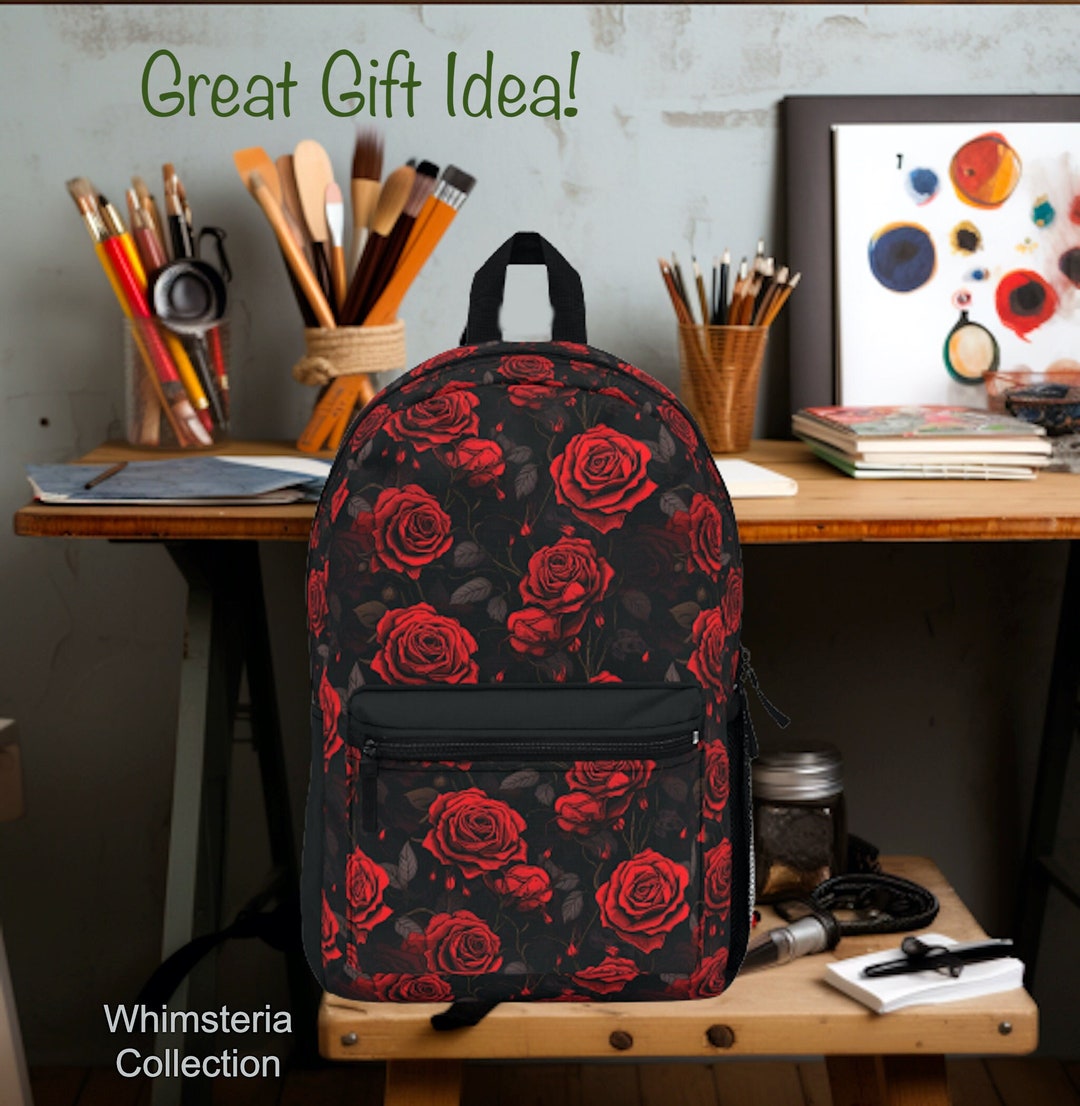 Red Roses Lightweight Waterproof Backpack, Deep Red Rose Pattern ...