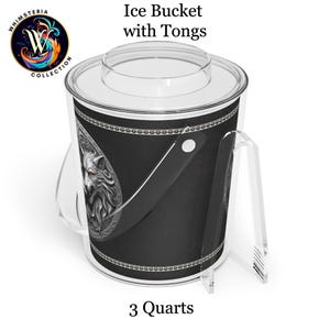 Ice Bucket With Tongs, Printed Viking Wolf Medallion Faux Black Leather ...