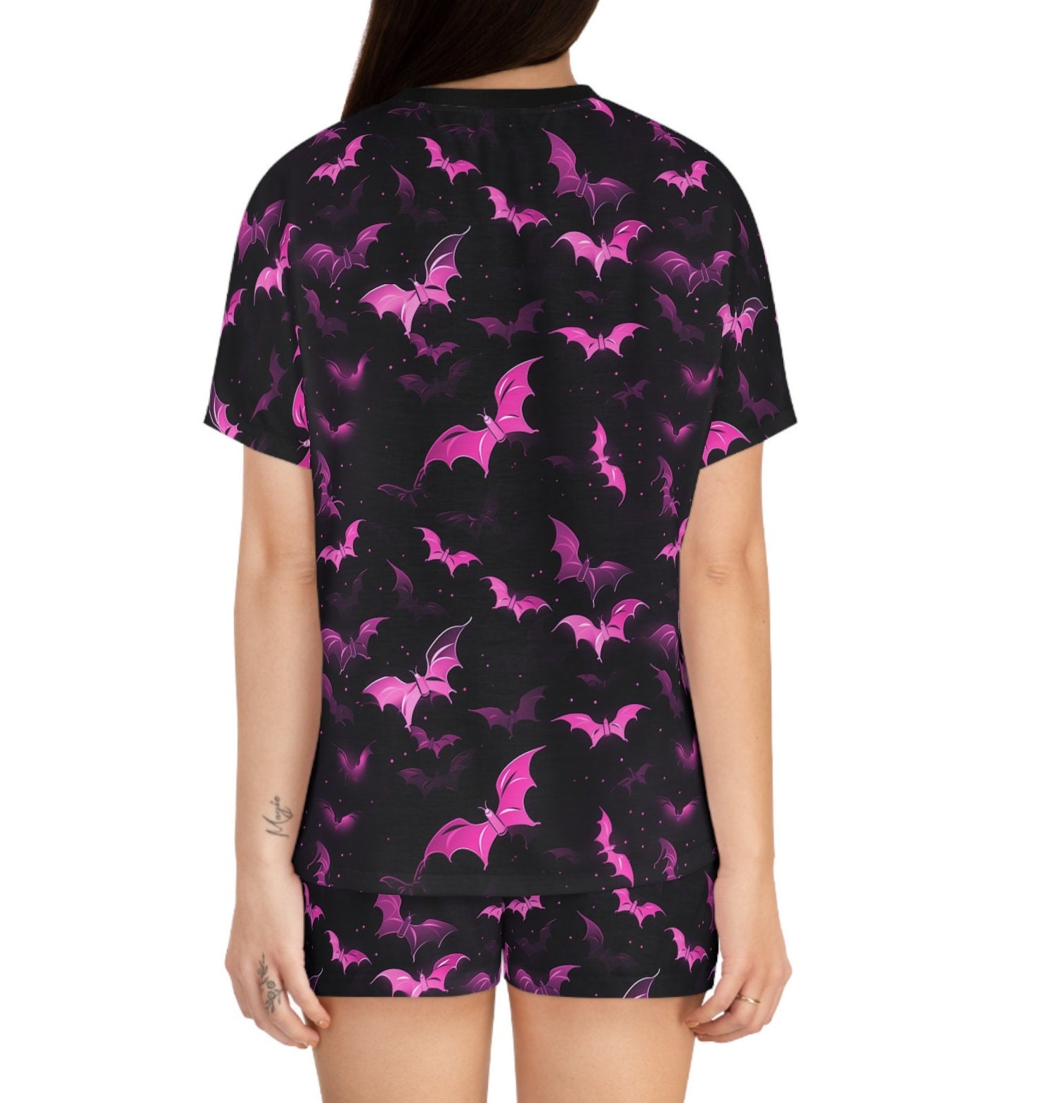 Gothic Bats Pink Women's Short Pajama Set, Goth Pajamas, Light Weight ...